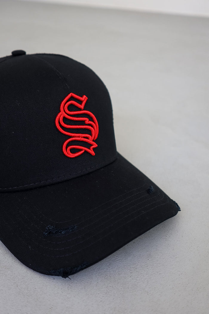 Sinners Attire Black/Red Distressed Trucker Hat