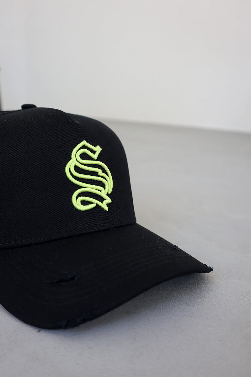 Sinners Attire Black/Neon Yellow Distressed Trucker Hat