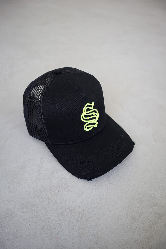 Sinners Attire Black/Neon Yellow Distressed Trucker Hat
