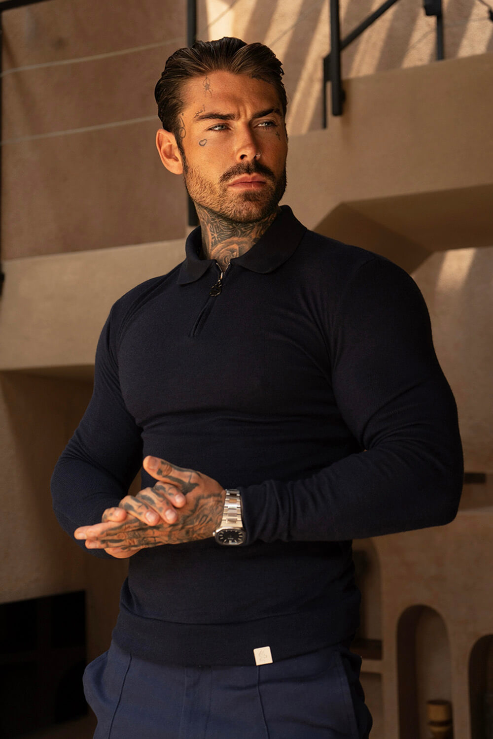 Sinners Attire Navy Long Sleeve Knit Polo Shirt