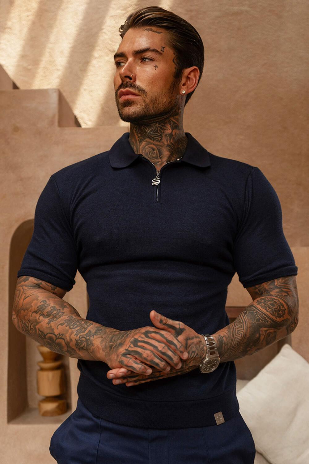 Sinners Attire Navy Knit Polo Shirt
