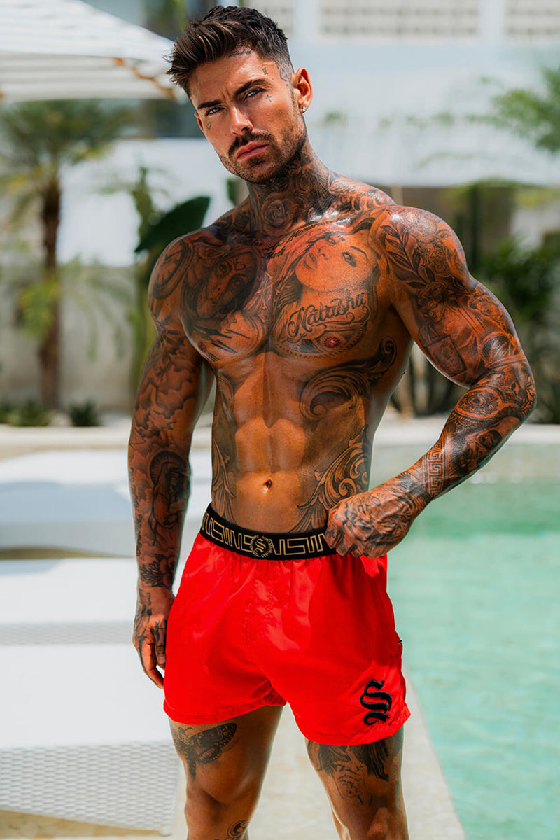 SINNERS ATTIRE RED ICON SWIM SHORTS